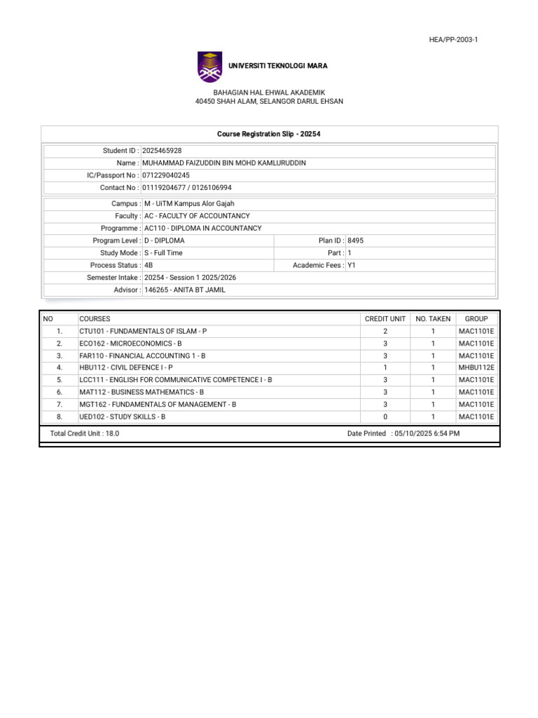 UiTM Course Registration Slip 20254 | PDF | Chess Theory | Chess