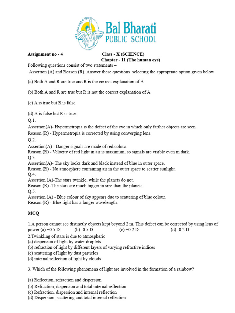 Human Eye Assignment 4 (X) | PDF | Light | Sky