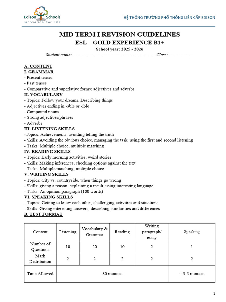 Mid-Term Revision Guidelines for ESL B1+ | PDF | Adjective | Linguistics