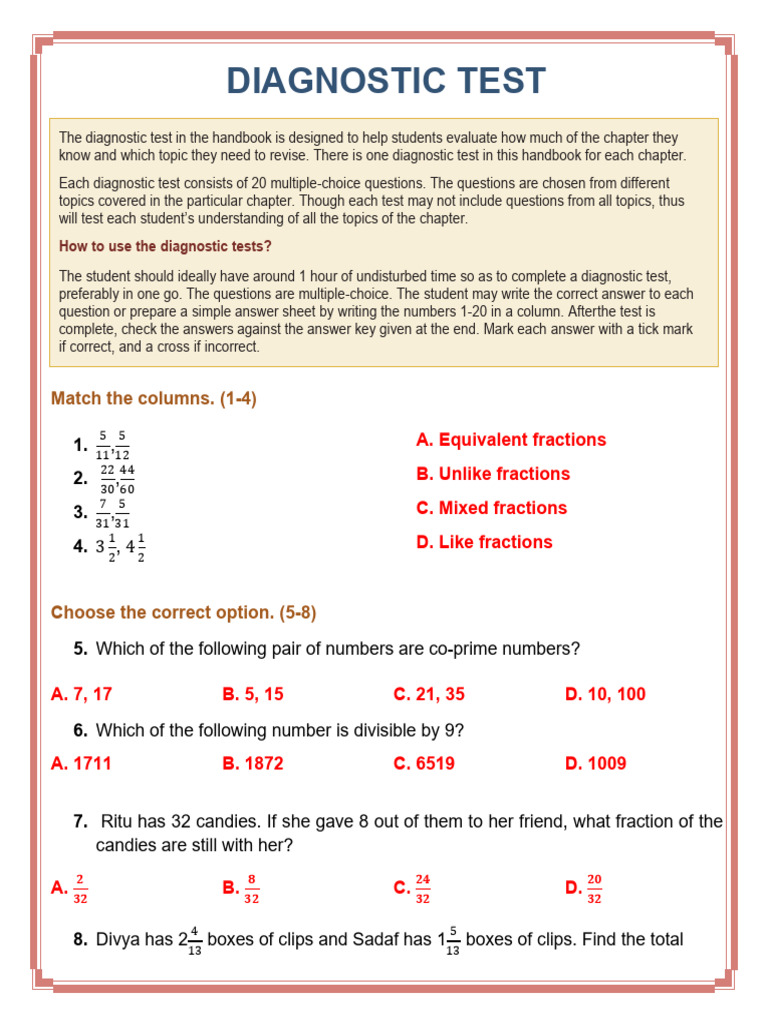 Diagnostic Test for Fractions and Division | PDF | Multiple Choice ...