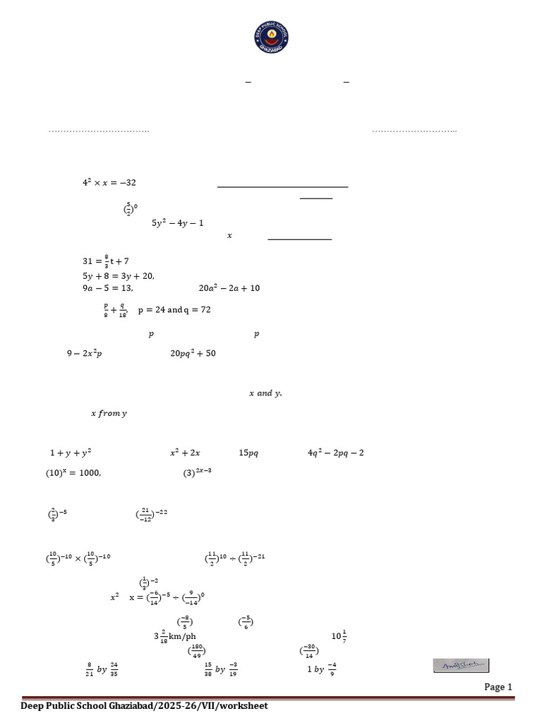 Class-VIIth Mathematics Worksheet Deep Public School | PDF | Polynomial ...