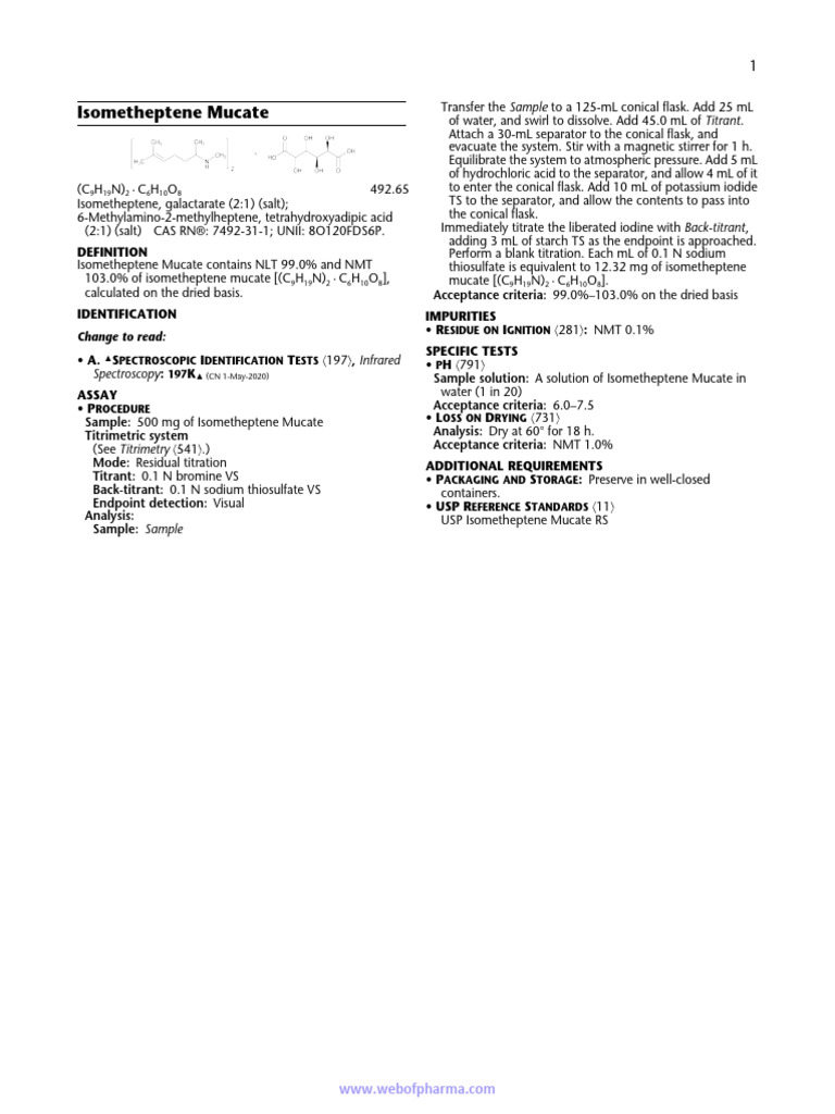 Isometheptene Mucate | PDF | Titration | Chemistry