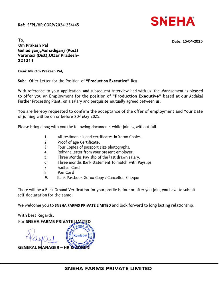 Offer Letter for Production Executive Position | PDF