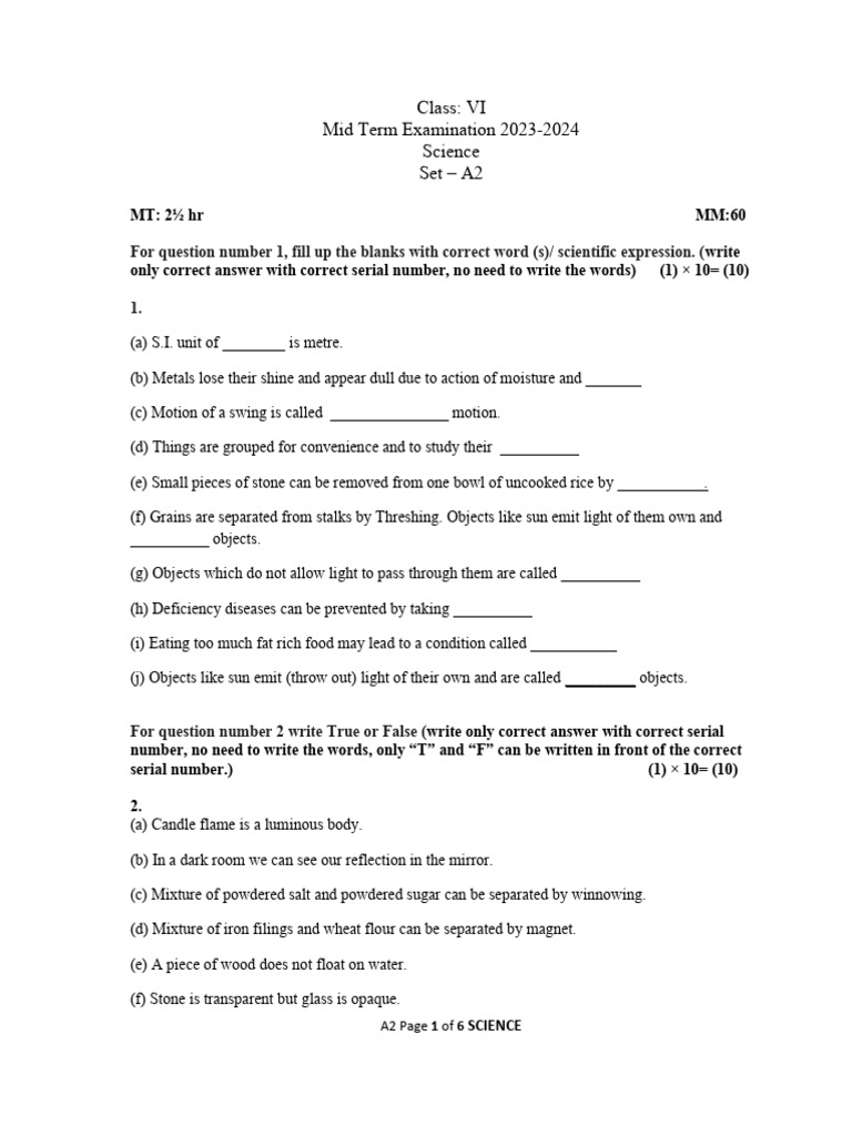 18_9Ist Term Mid Term HY Science Class VI Set A2 SK 2023 - 24 (2) | PDF | Vitamin | Water