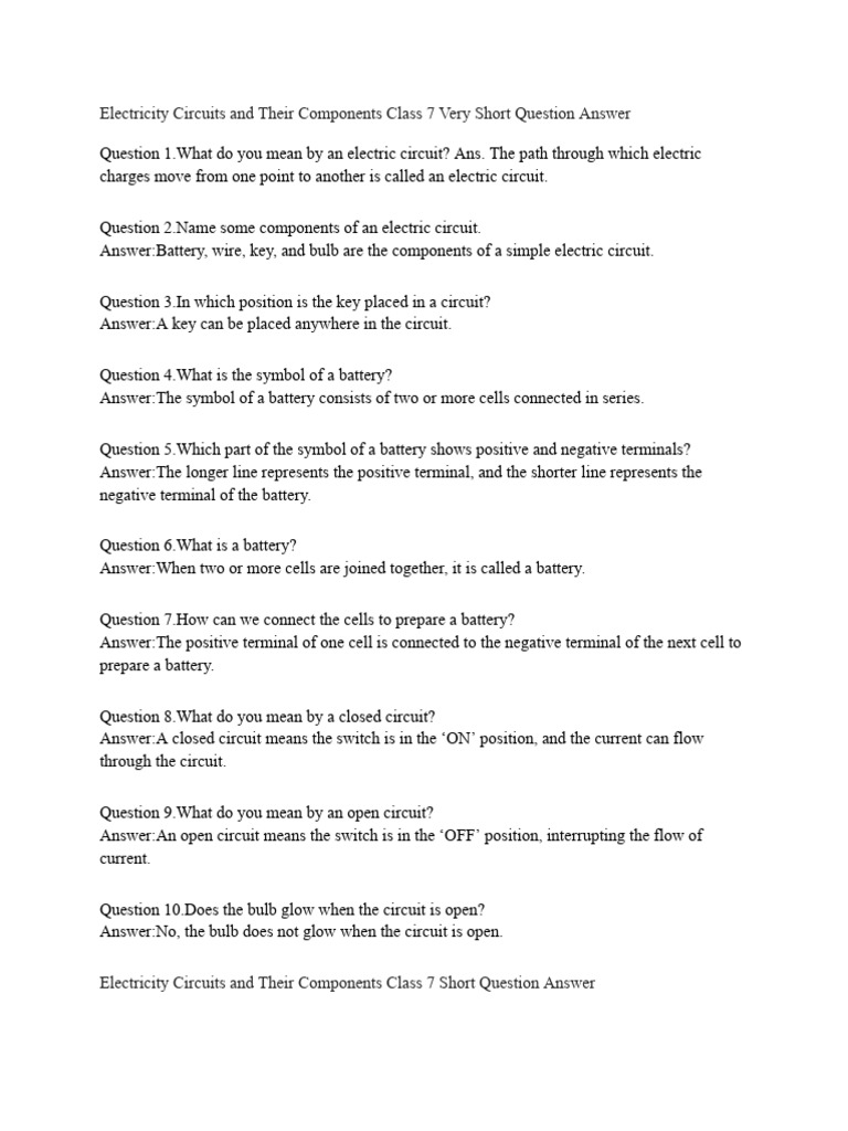 Electricity Circuits and Their Components Class 7 Extra Questions Bank | PDF | Electric Current ...