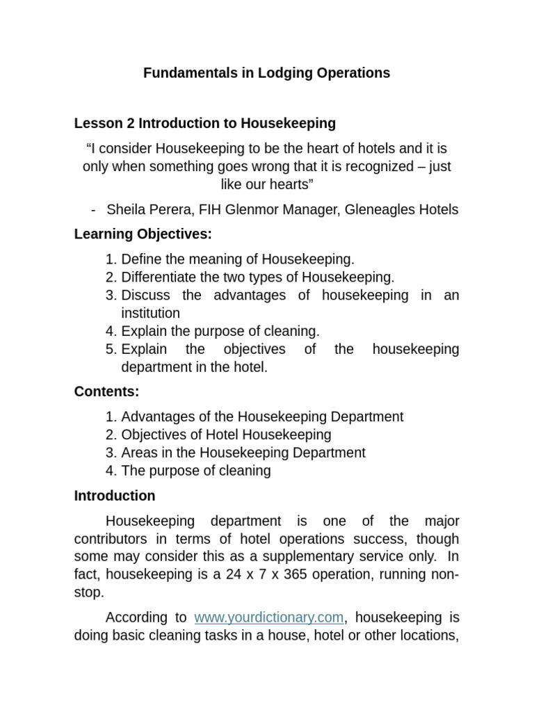 Introduction to Hotel Housekeeping | PDF | Housekeeping | Hygiene