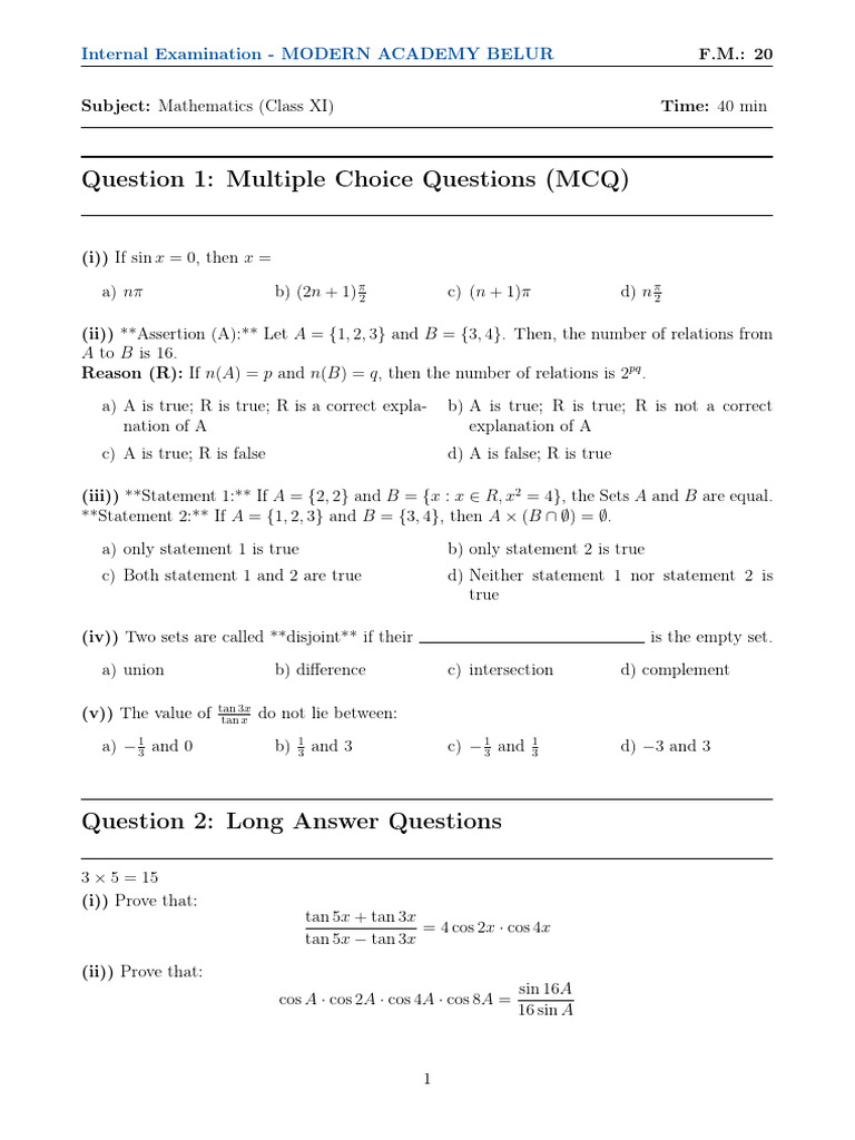 Maths Internal Examination Class 11 | PDF | Empty Set | Logic