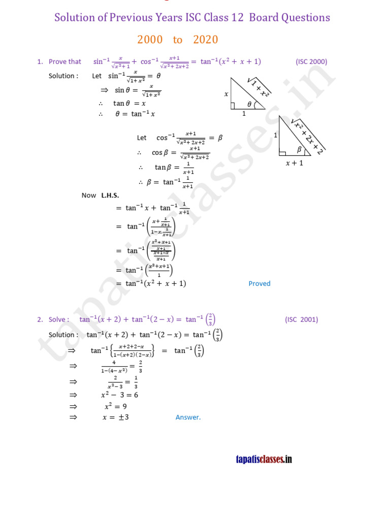 Inverse Trigonometric Functions - Previous Years Board Questions 2000 To 2020 With Solutions of ...
