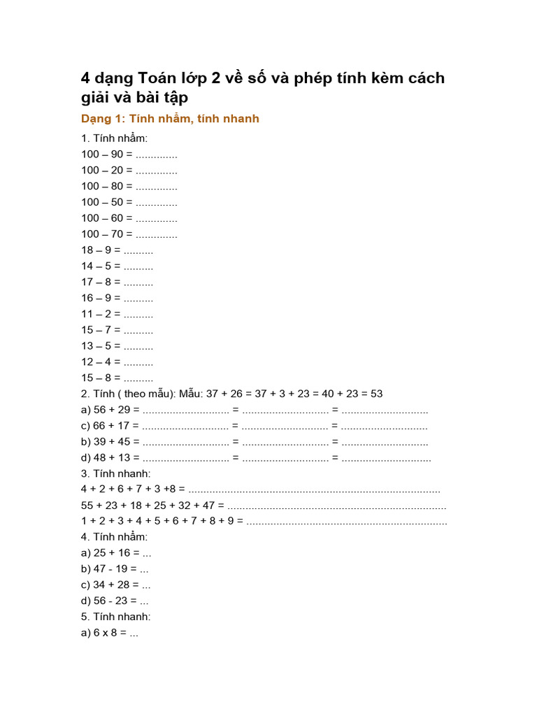 4 Dang Toan Lop 2 Ve So Va Phep Tinh Kem Cach Giai Va Bai Tap 175300 | PDF
