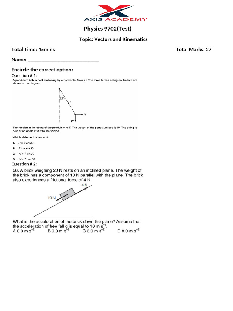 Physics 9702 Test: Vectors & Kinematics | PDF