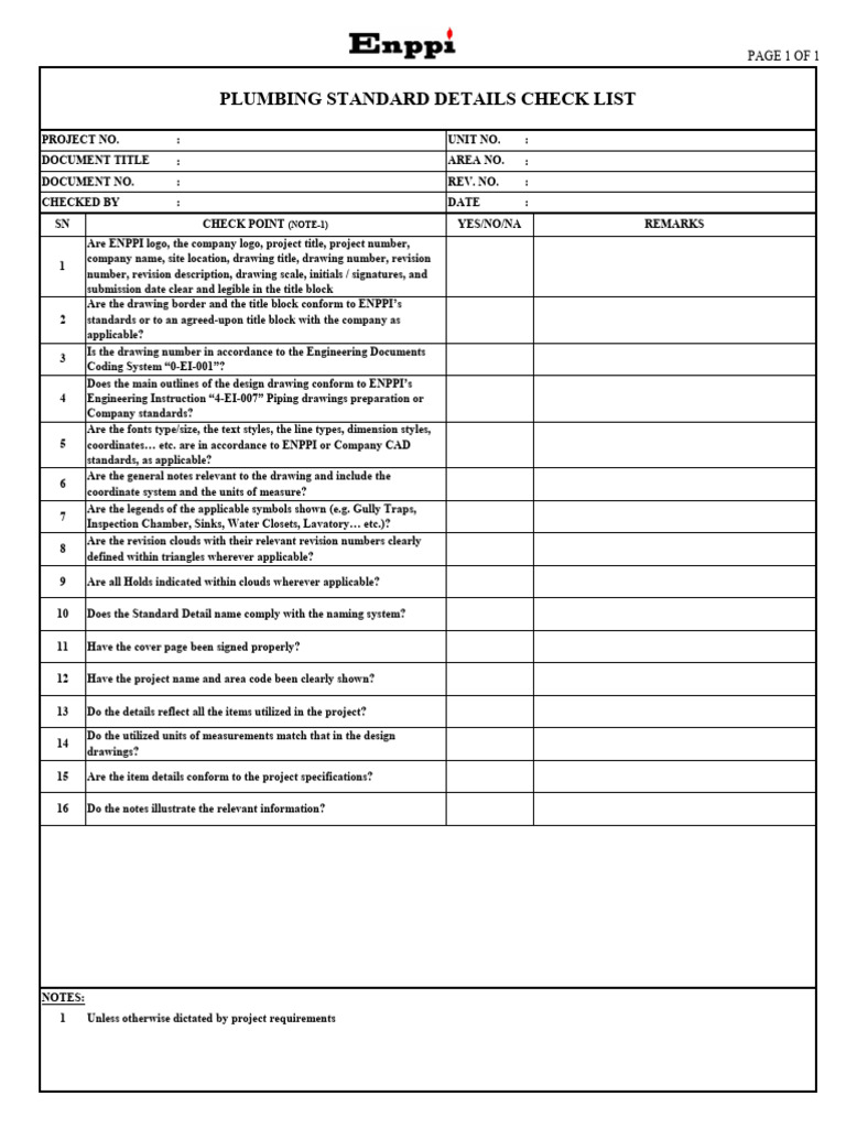 Plumbing Standard Details Checklist | PDF