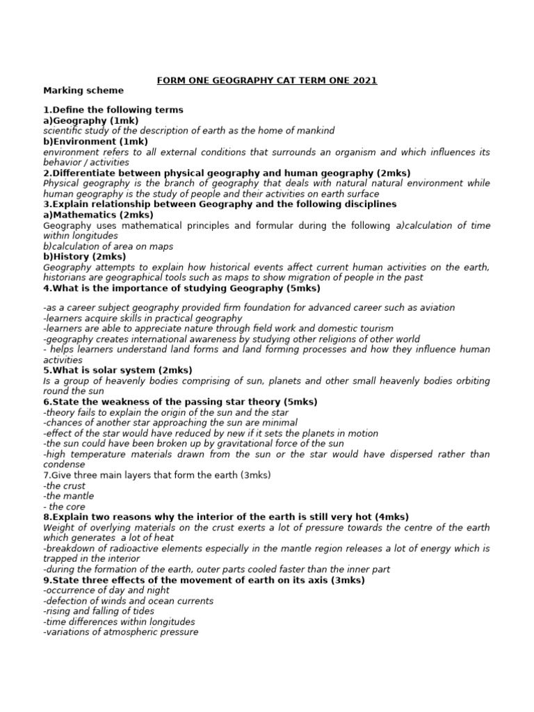 Set1 Geo Form One Ms Cat 1 Tam 1 MidTerm 1 2021 Teacher - Co .Ke F1 Exam | PDF | Earth | Sun