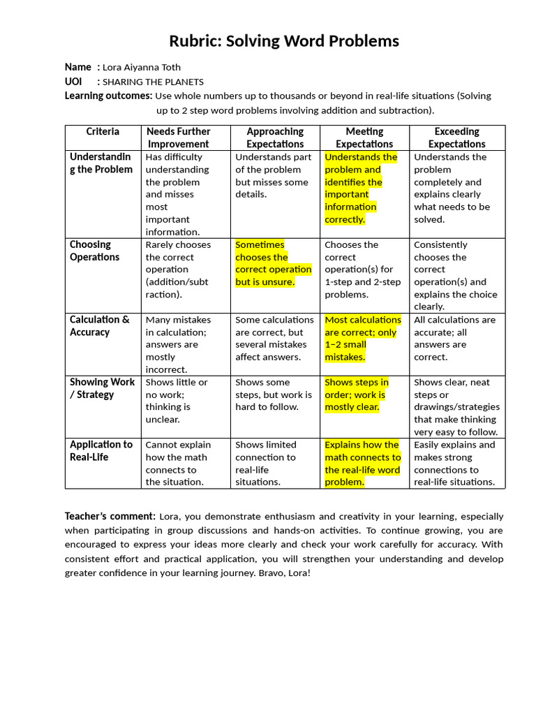 Word Problem Solving Rubric | PDF | Thought | Teaching Mathematics