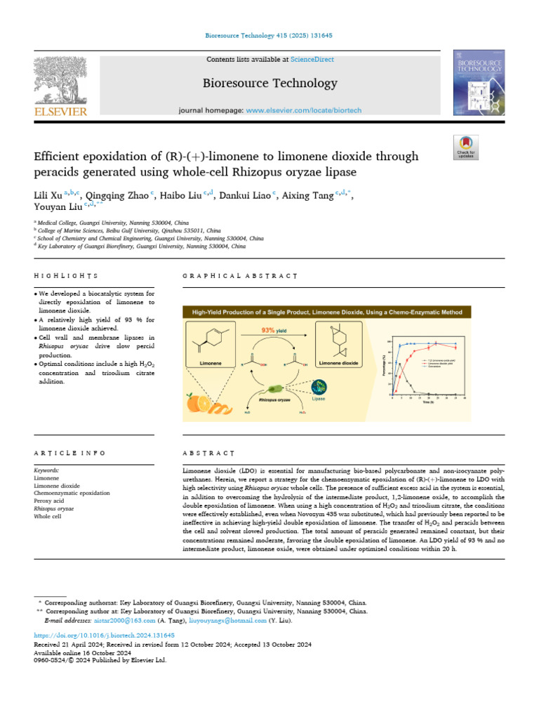 Efficient Epoxidation of (R)-(+)-Limonene to Limonene Dioxide Through ...