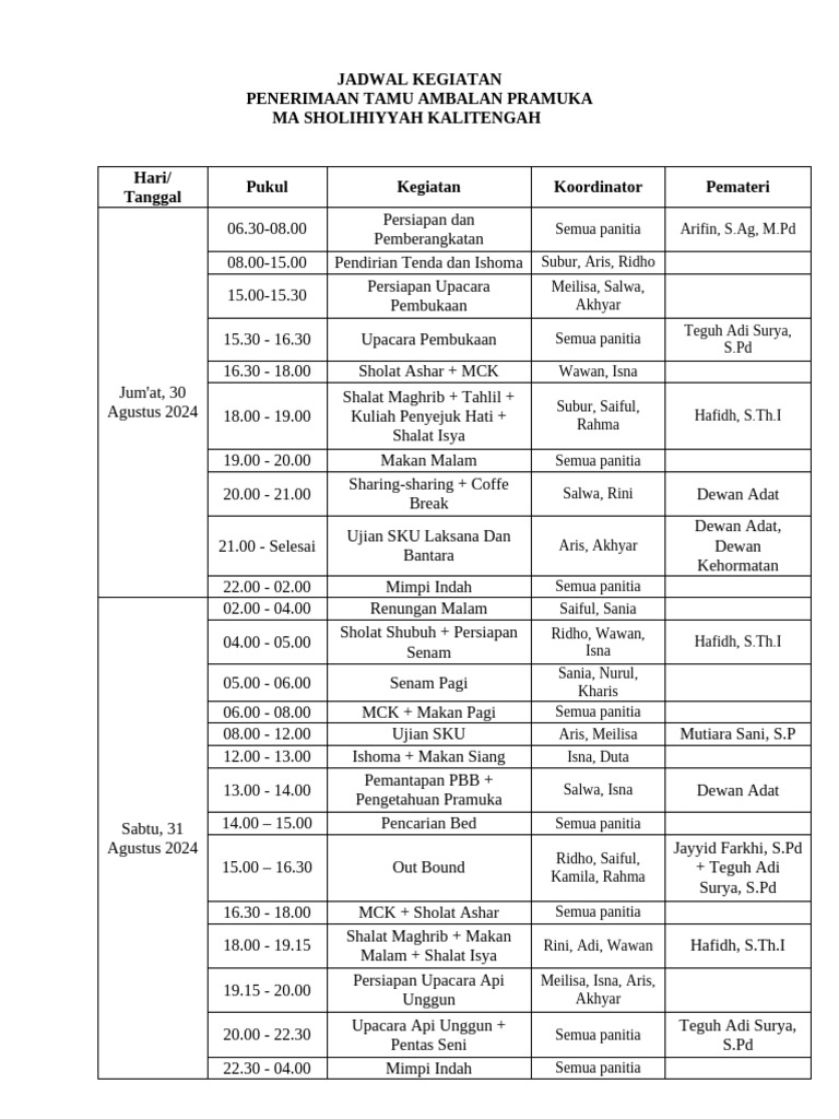 Jadwal Kegiatan Pta 2024 | PDF