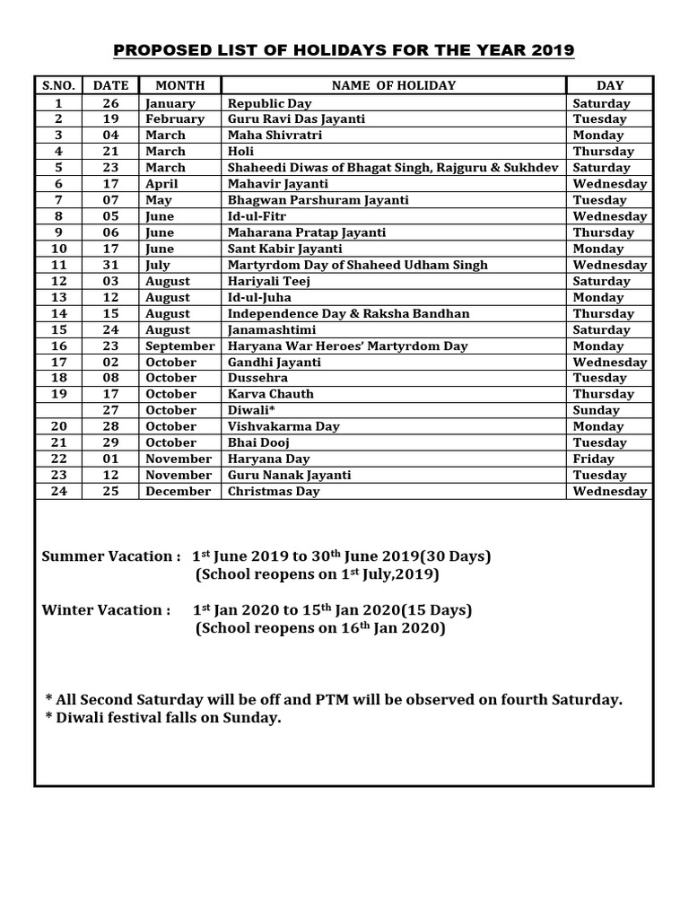 2019 Proposed Holiday List | PDF | Observances
