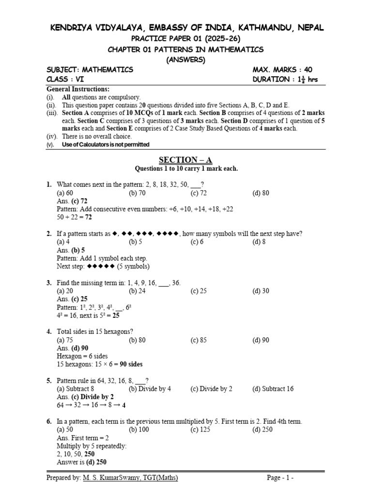 Class VI Mathematics Patterns Practice Paper | PDF | Mathematics