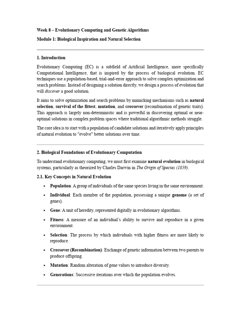 Week 8 - Evolutionary Computing and Genetic Algorithms | PDF | Evolution | Natural Selection