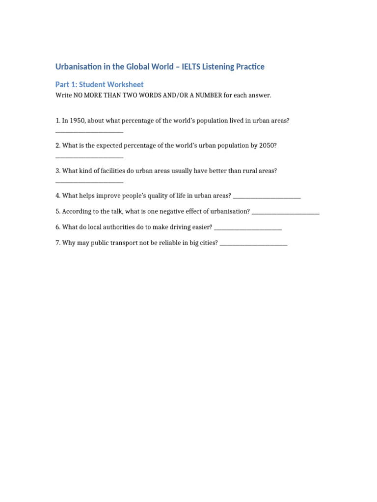 Urbanisation Trends for IELTS Listening | PDF | Urbanization | Transport