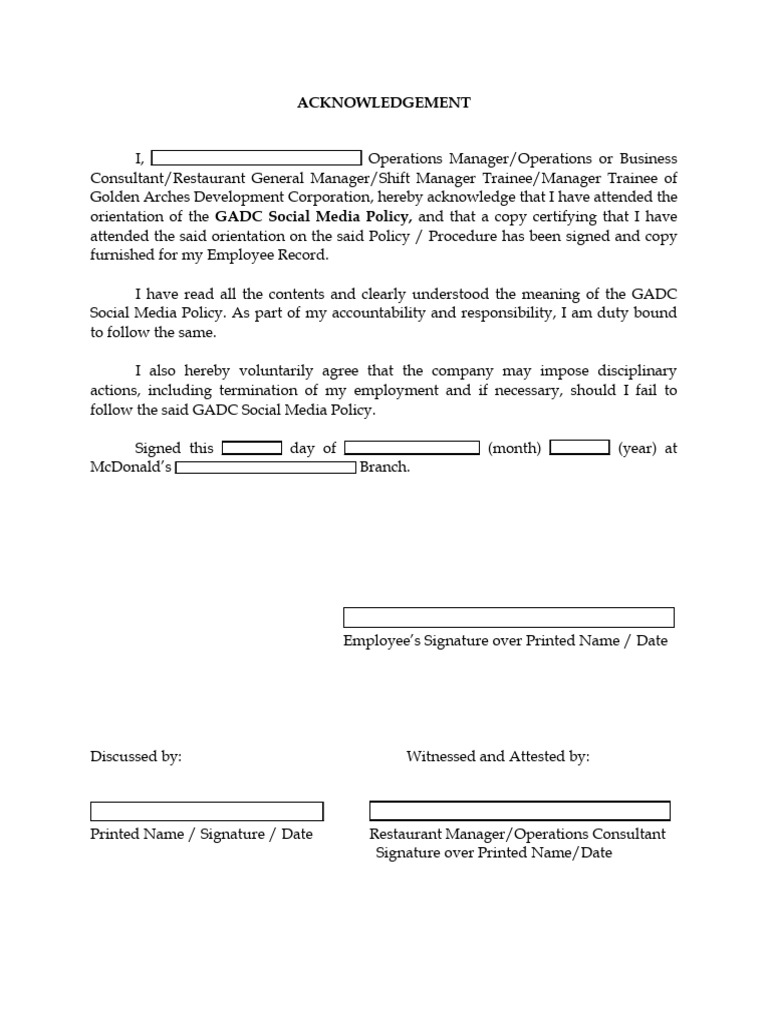 Social Media Policy Acknowledgement | PDF