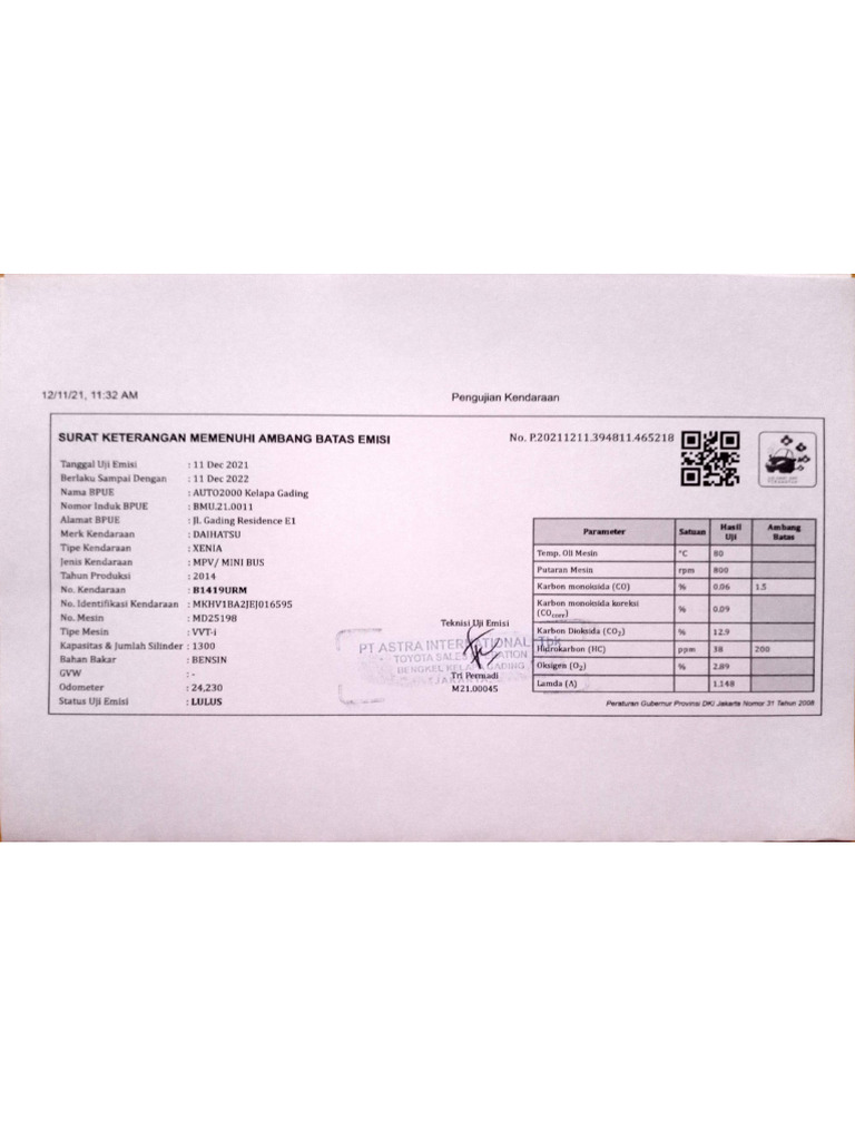 Uji Emisi Mobil Xenia | PDF