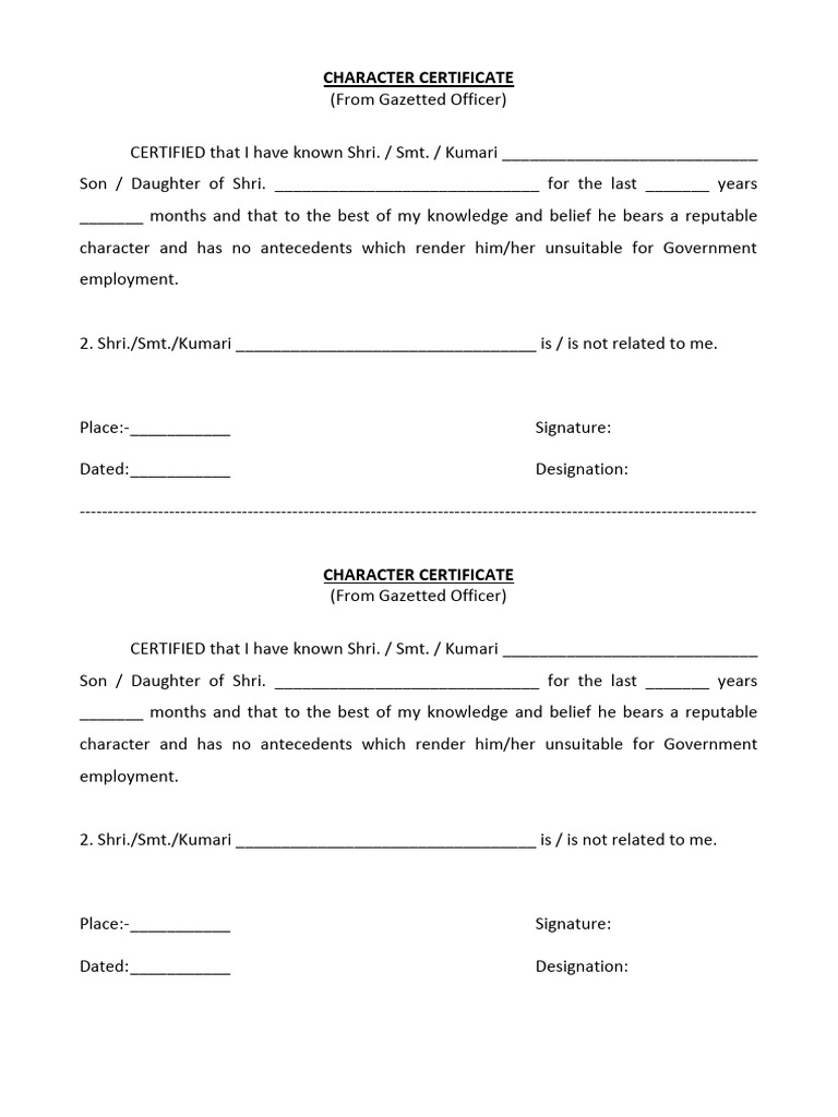 Gazetted Officer Character Certificate Format | PDF