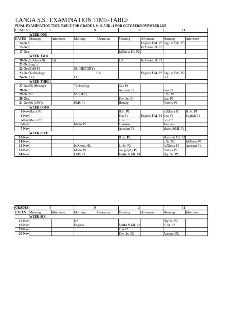 Grade 8 Final Exam Timetable 2025 | PDF