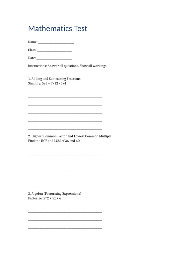Comprehensive Mathematics Test | PDF | Numbers | Algebra