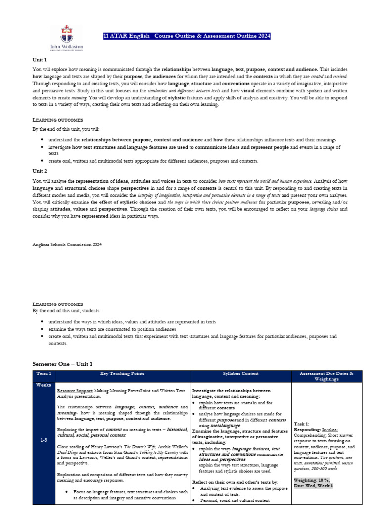 English Unit 1 and 2 Course Outline | PDF | Attitude (Psychology ...