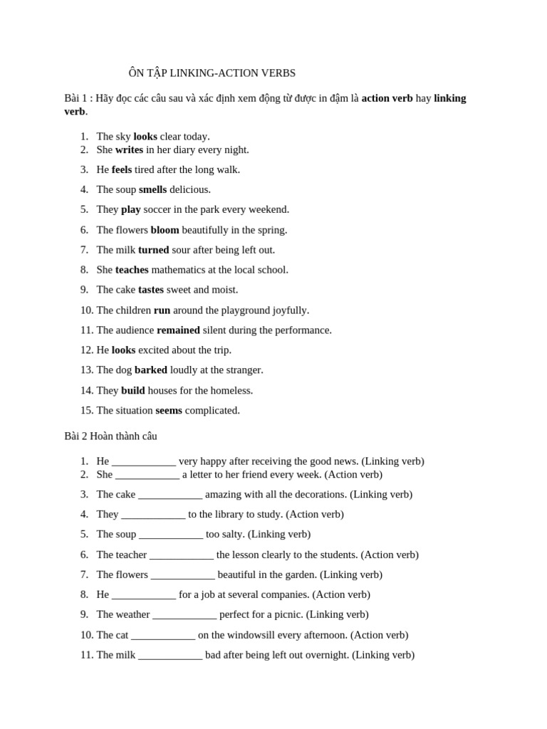 Action vs Linking Verbs Practice | PDF
