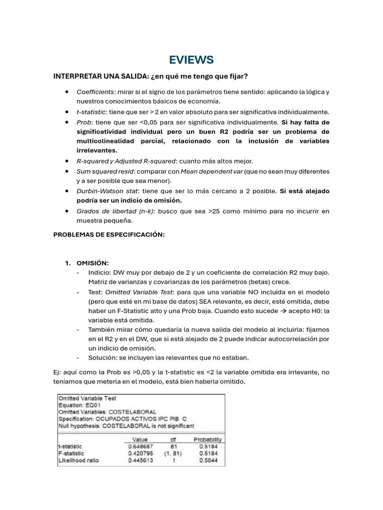 Guía para interpretar salidas en EViews | PDF | Multicolinealidad ...