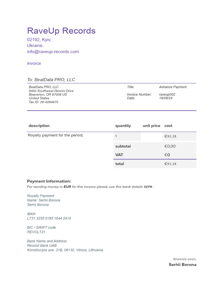 Eur Invoice Raveup Records | PDF