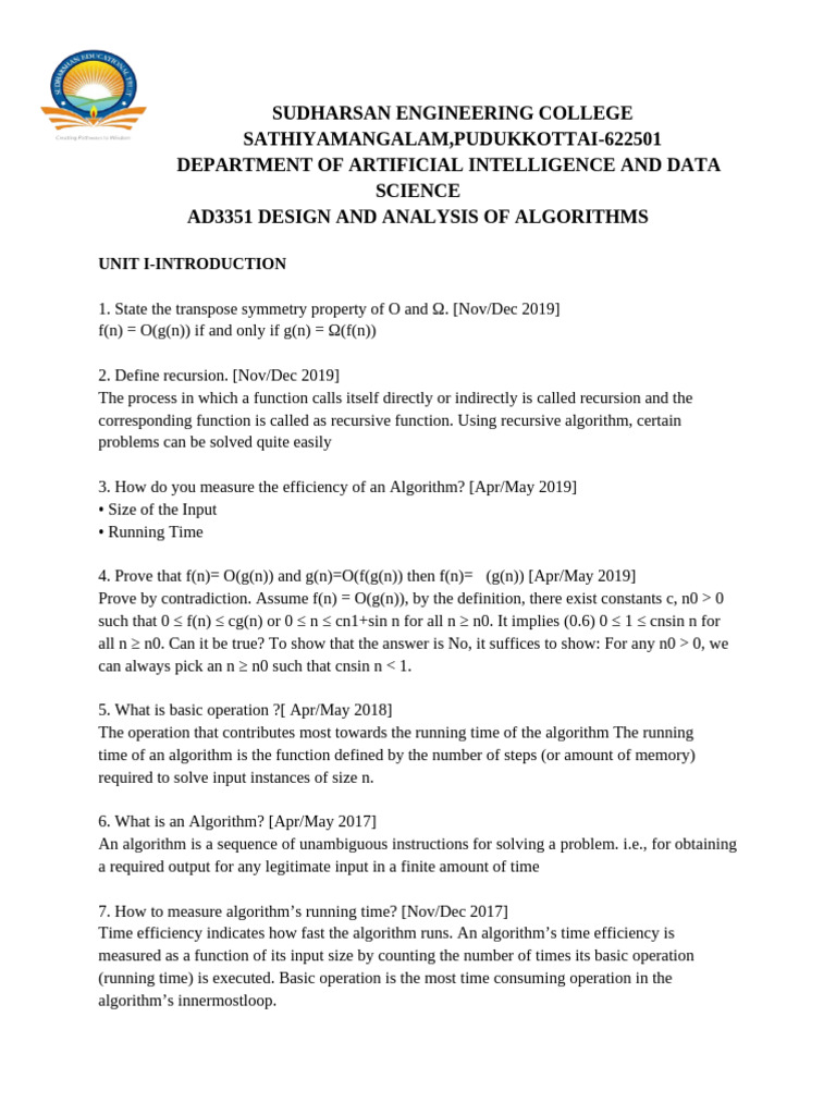 DAA-Question Bank All Units | PDF | Combinatorics | Applied Mathematics