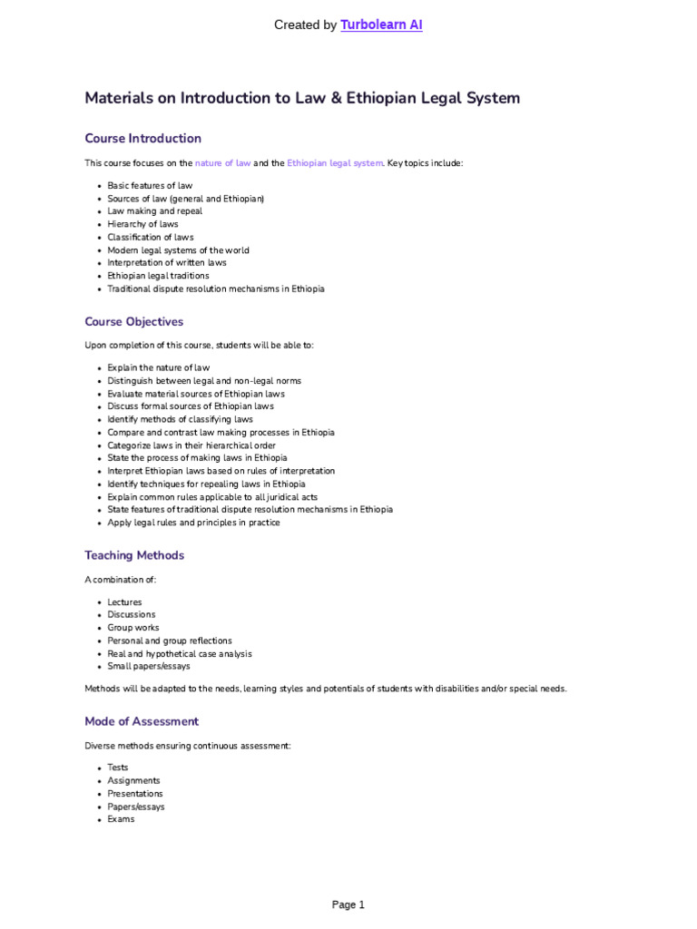 Materials On Introduction To Law & Ethiopian Legal System | PDF ...