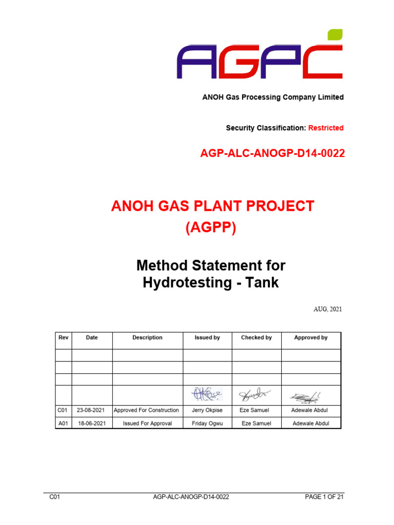 Hydrotesting Method Statement for Tanks | PDF | Quality Assurance | Welding