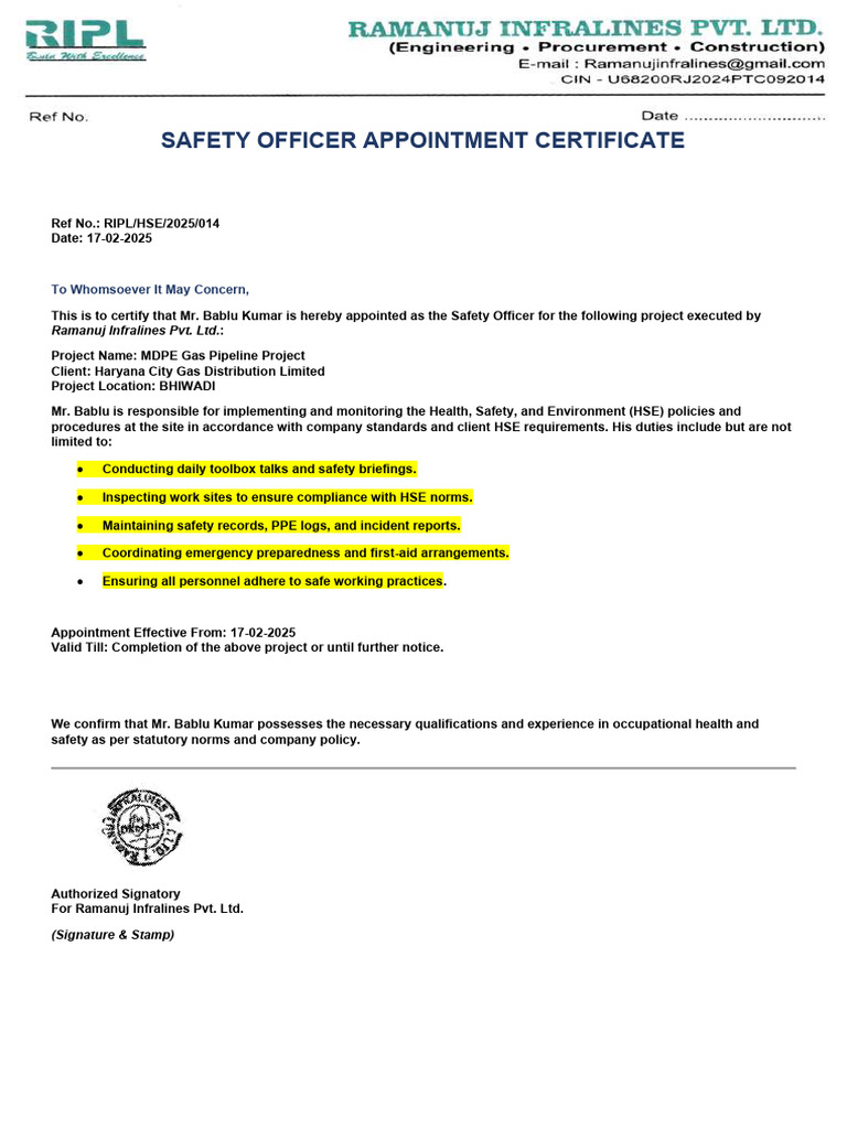 Saftey Officer Certificate | PDF