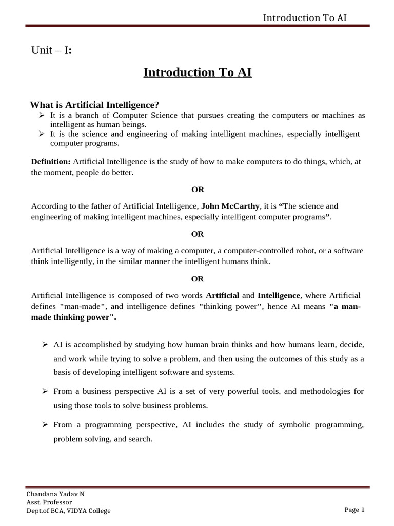 Unit I Introduction To Ai Pdf Artificial Intelligence