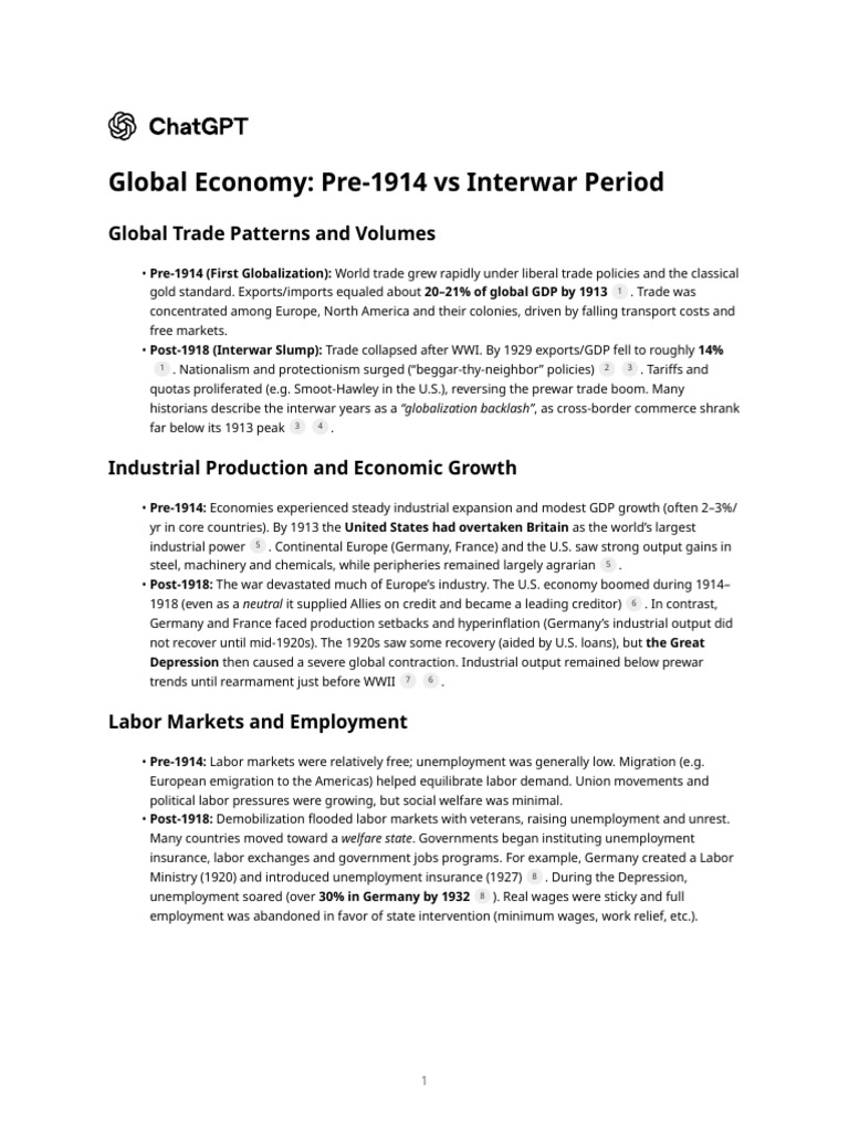 Global Economy: Pre-1914 vs Interwar Analysis | PDF | Great Depression ...