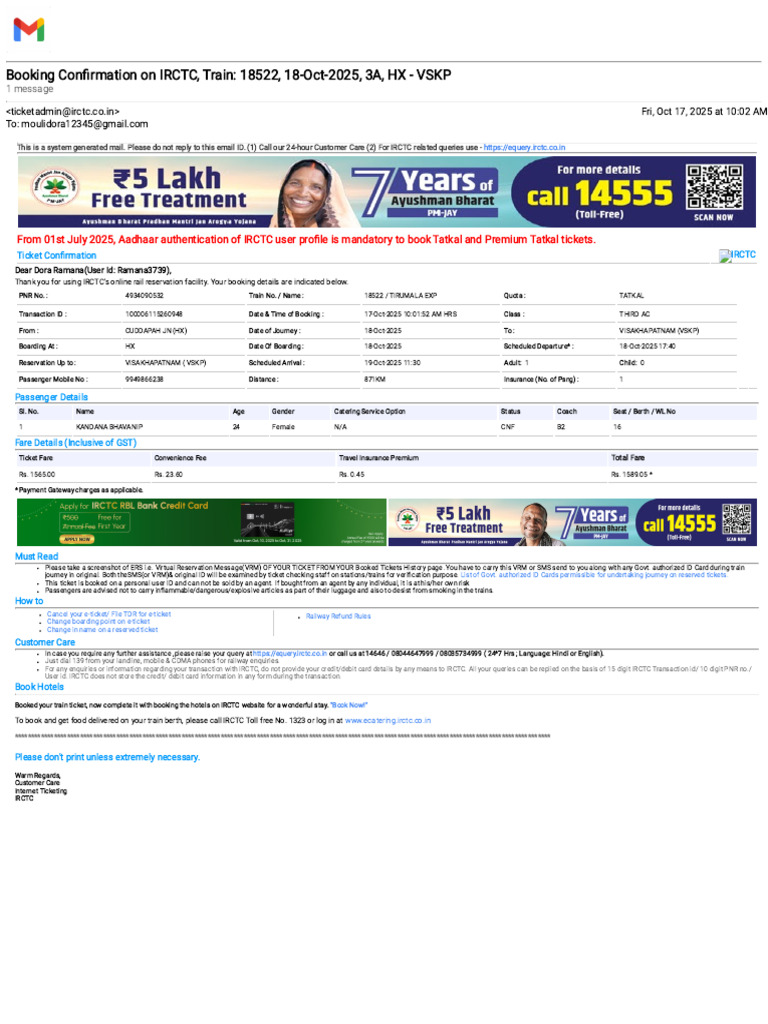 Gmail - Booking Confirmation On IRCTC, Train - 18522, 18-Oct-2025, 3A ...