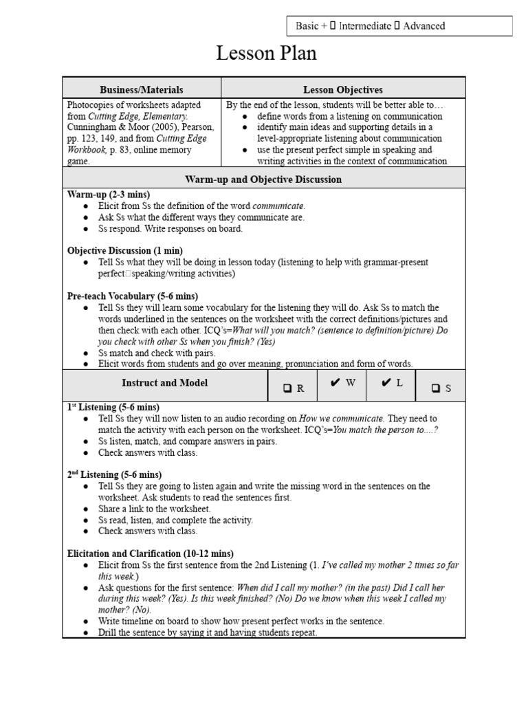Teacher 1 Observation Video, Basic-Level Adult Students Lesson Plan ...