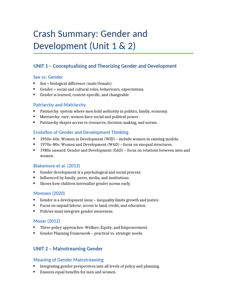 Gender and Development Unit1 2 Crash Summary | PDF | Gender And ...