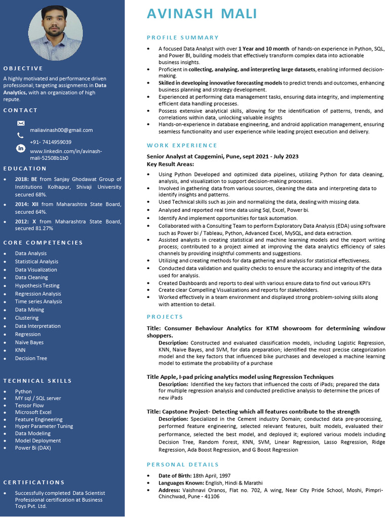 Avinash Mali Data Analyst CV | PDF | Data Analysis | Analytics