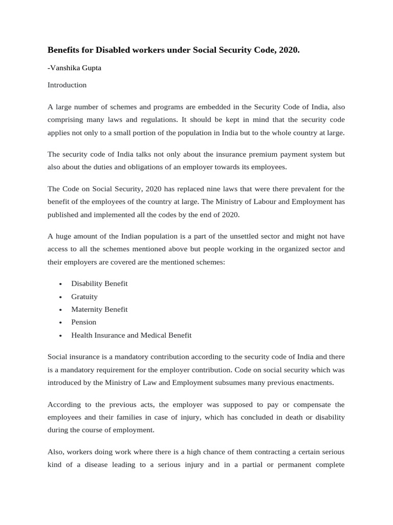 Benefits For Disabled Workers Under Social Security Code | PDF ...