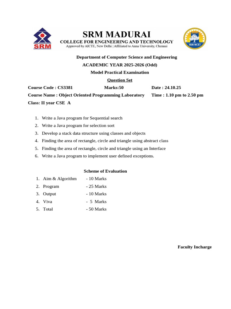 OOP Lab - Model Exam Question Paper | PDF | Class (Computer Programming) | Area