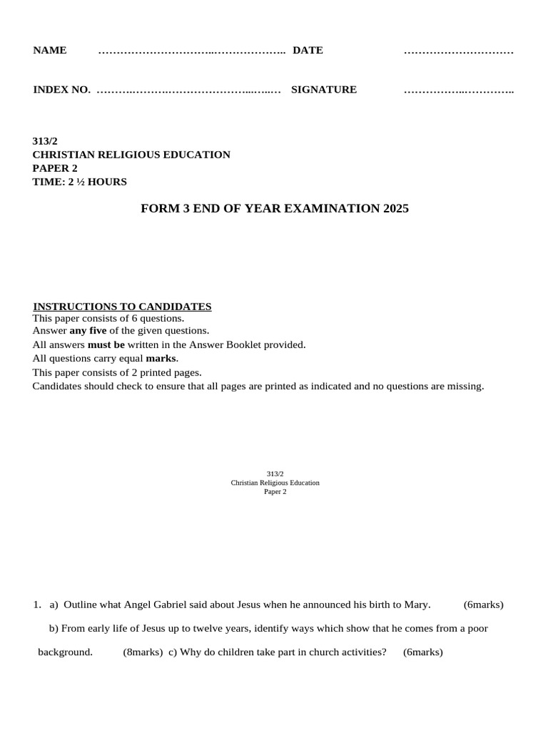 CRE P2 Exam Questions.docx Form 3 End Term 3 set 4 | PDF | Jesus | Second Coming