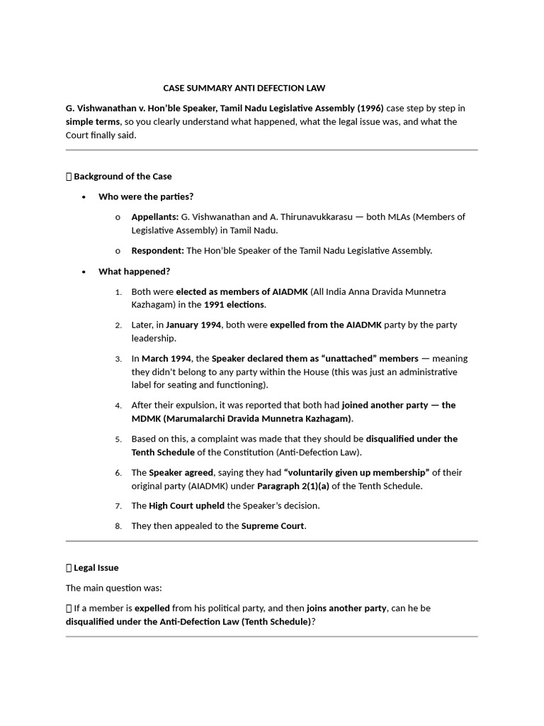 Case Summary Anti Defection Law | PDF | Politics Of India | Government