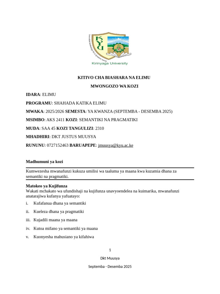 Mwongozo Wa Kozi AKS 2411 2025 (1) | PDF