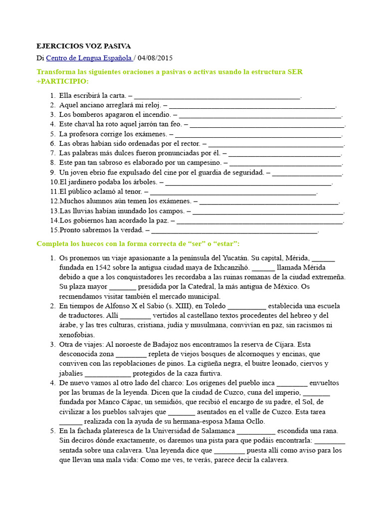 Ejercicios de Voz Pasiva y Verbos | PDF
