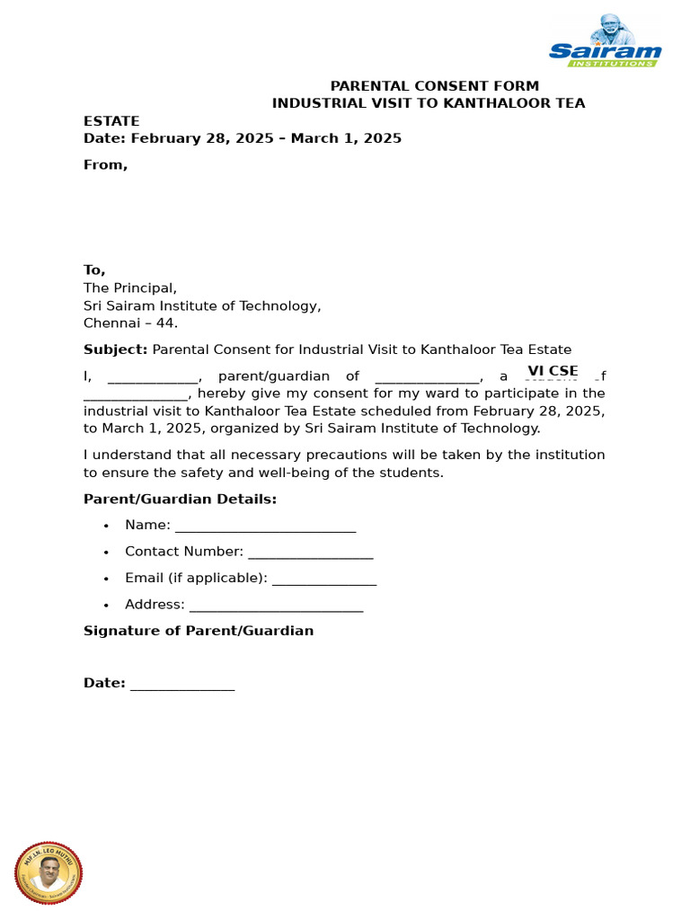 Parental Consent for Tea Estate Visit | PDF