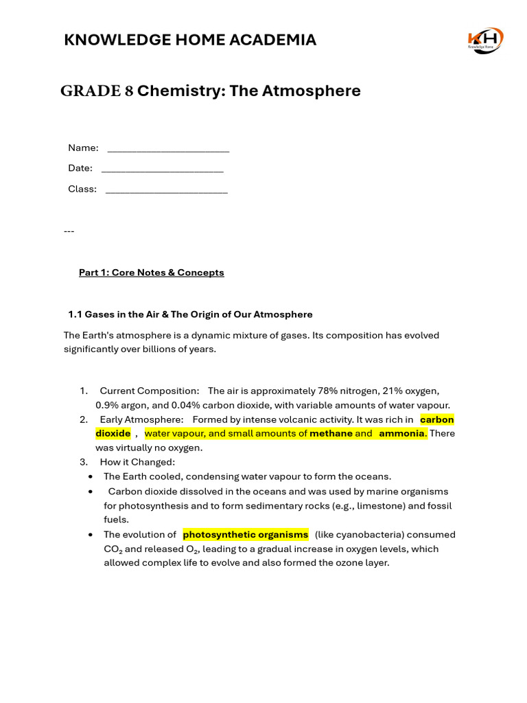 Atmosphere Grade 8 Work Sheet2 | PDF | Atmosphere Of Earth | Oxygen